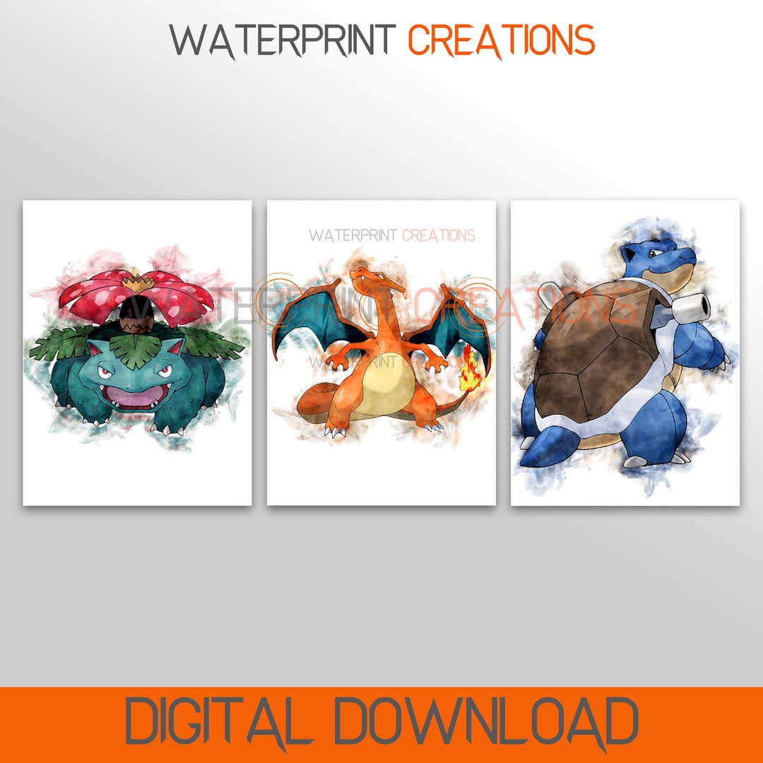 Pokemon Watercolour Digital Prints Evolution Set of 3 Posters, Wall Art ...