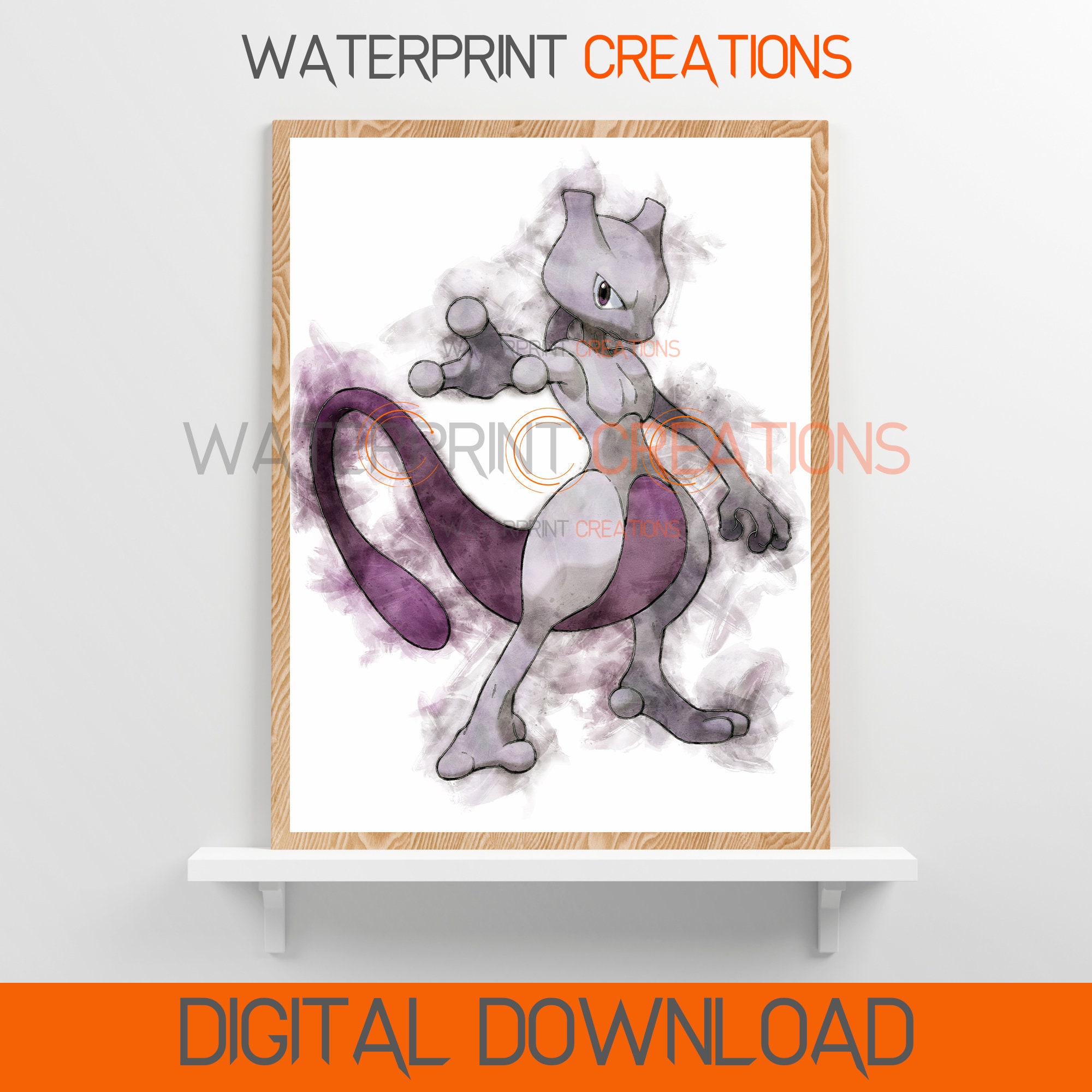 Pokemon Digital Prints Mewtwo Poster, Pokemon Watercolour Wall Art, Gen ...