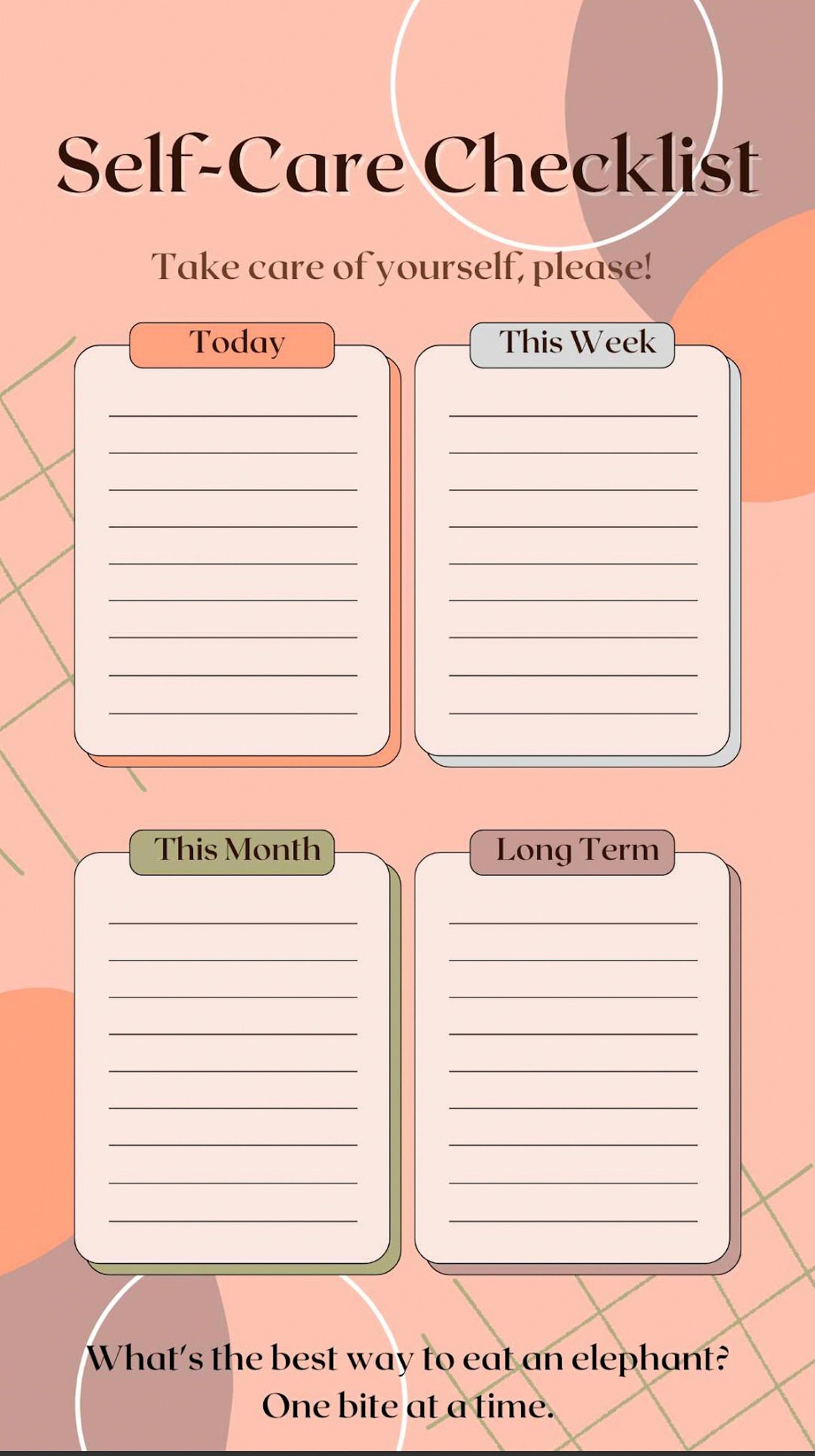 Self Care Checklist Poster, Self-care Planner, Fillable, Daily ...