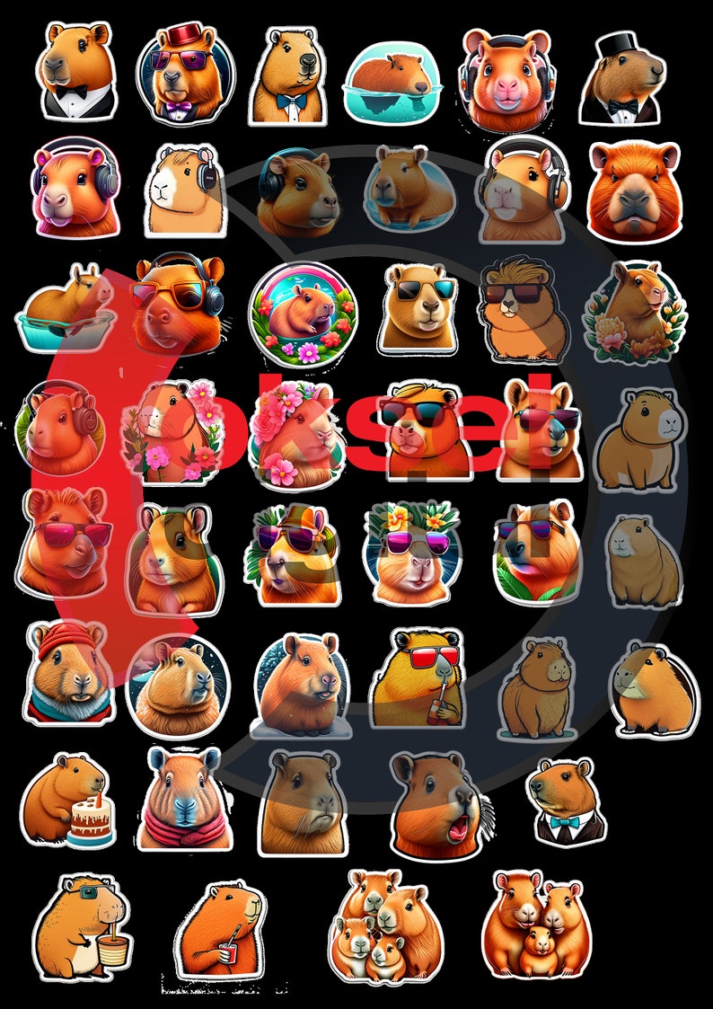 Set of 45 Digital Printable Capybara Stickers, Instant Download, Cute ...