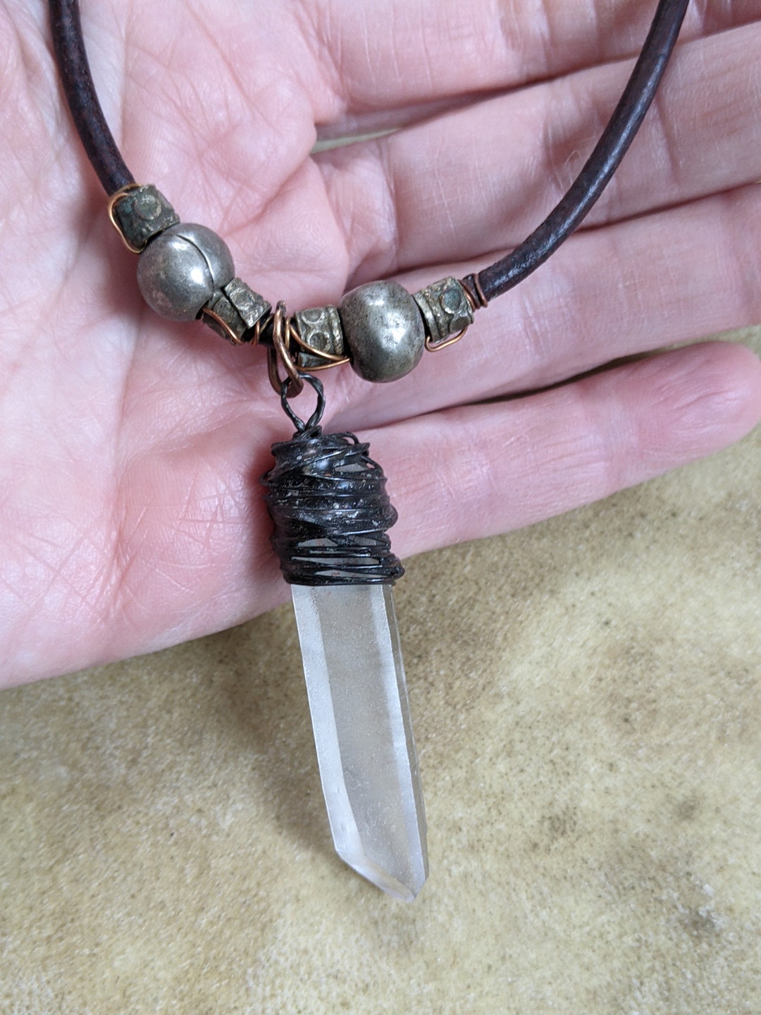 Quartz Crystal Pendant Choker Yemen Beads Soft Solder Artisan Jewelry ...