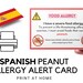Printable Spanish Peanut Food Allergy Card Instant Download Medical Alert ID Travel Gift ...