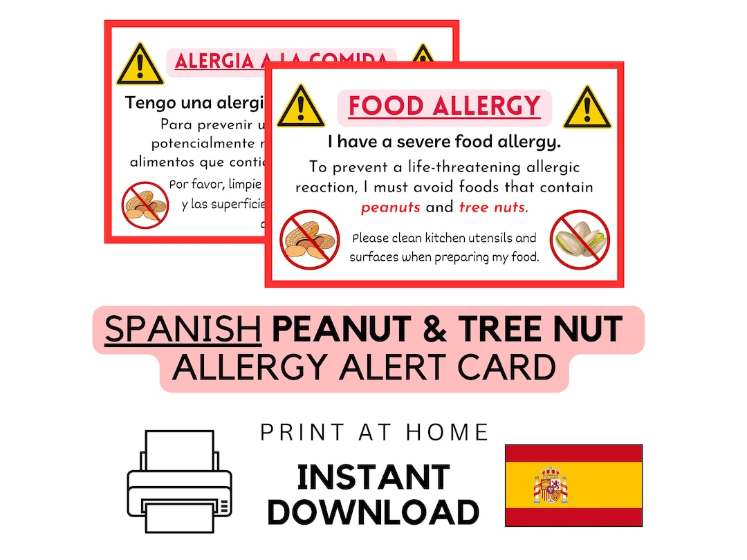 Printable Spanish Peanut + Tree Nut Food Allergy Card • Instant ...