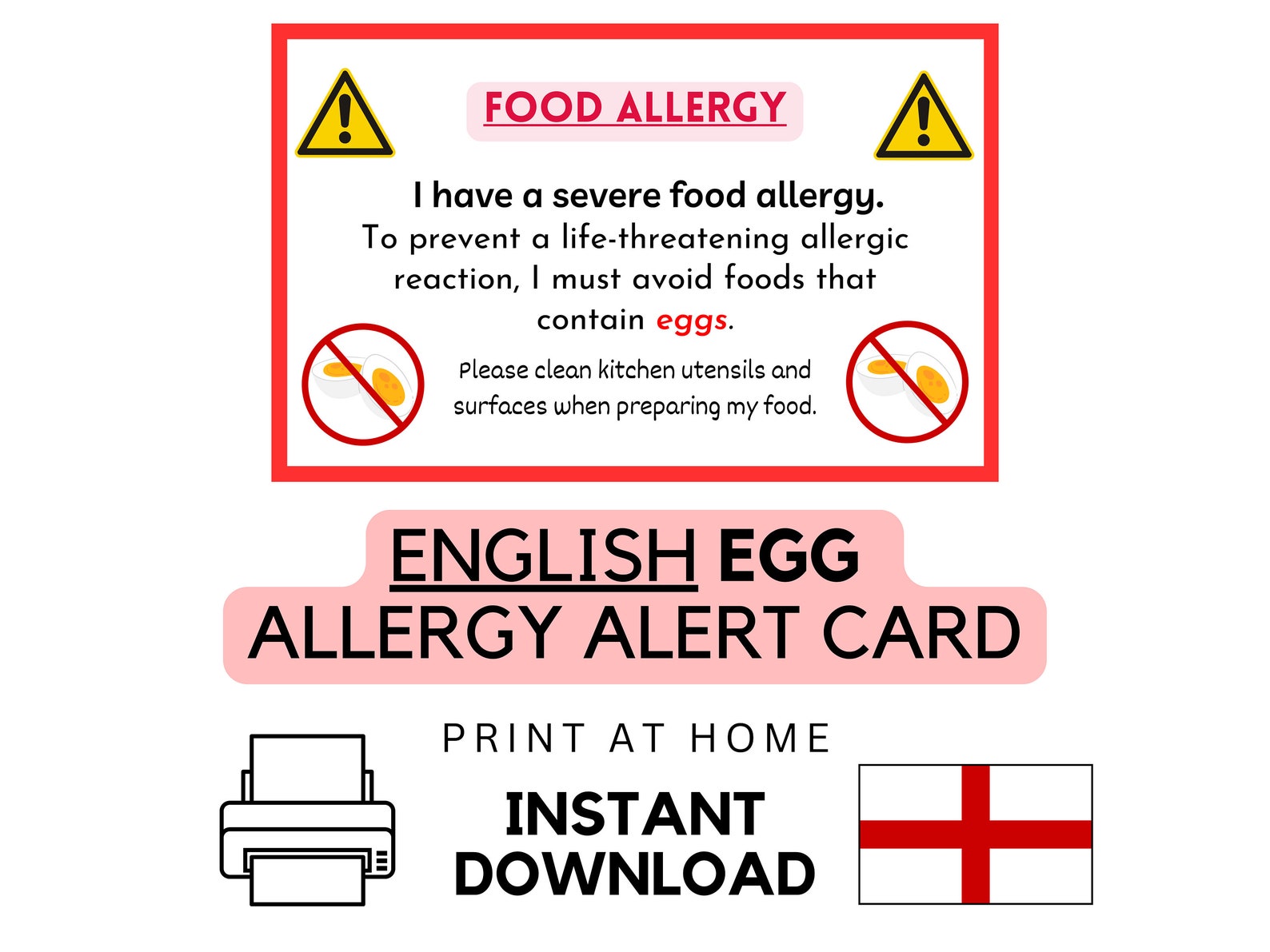Printable English Egg Food Allergy Card • Instant Download • Medical ...
