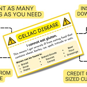 English Celiac Disease / Gluten Allergy Card Printable (instant PDF ...