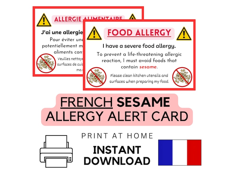 Printable French Sesame Food Allergy Card • Instant Download • Medical ...