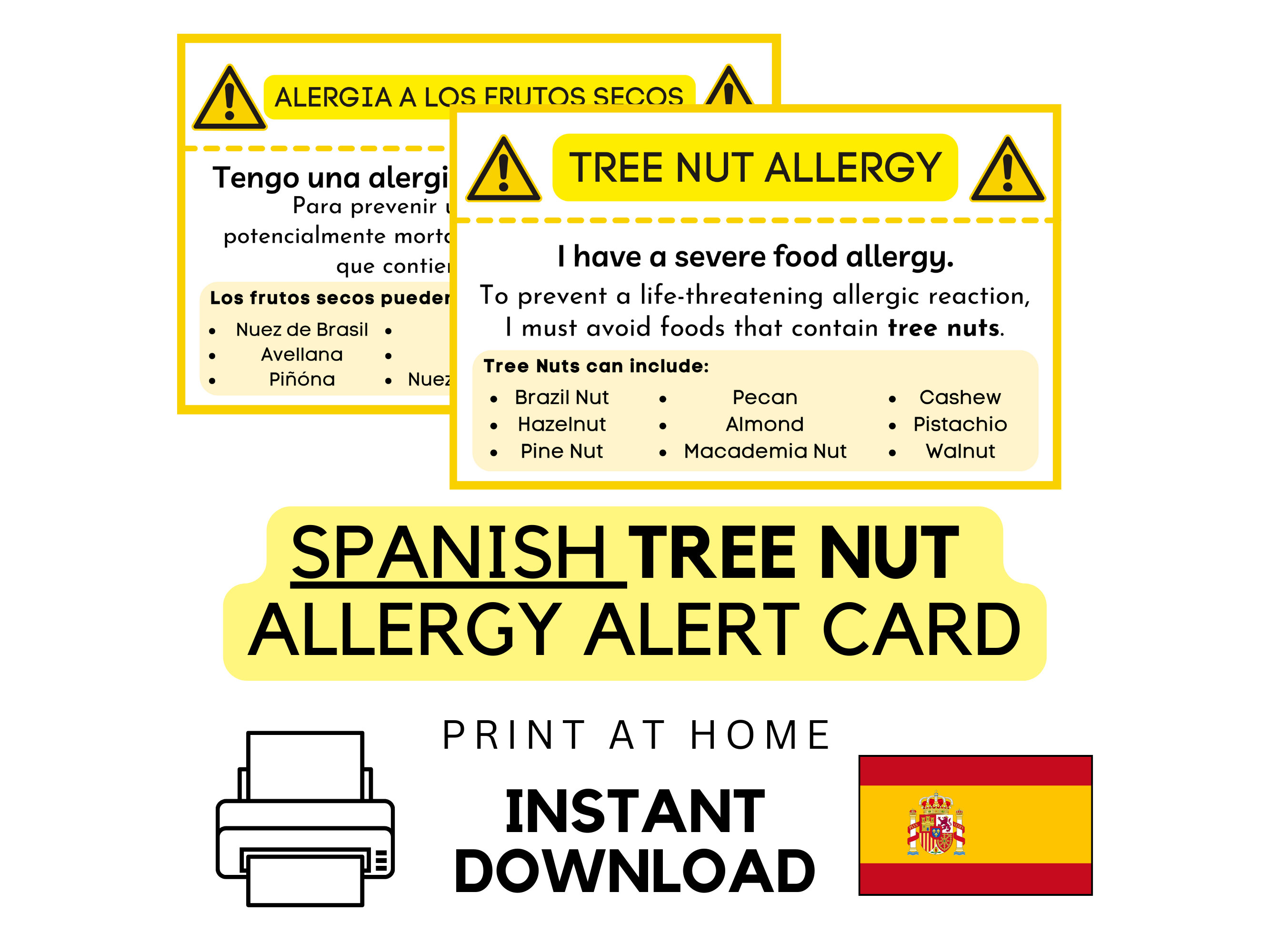 Printable Spanish Tree Nut Alert Card • Instant Download • Medical ID ...