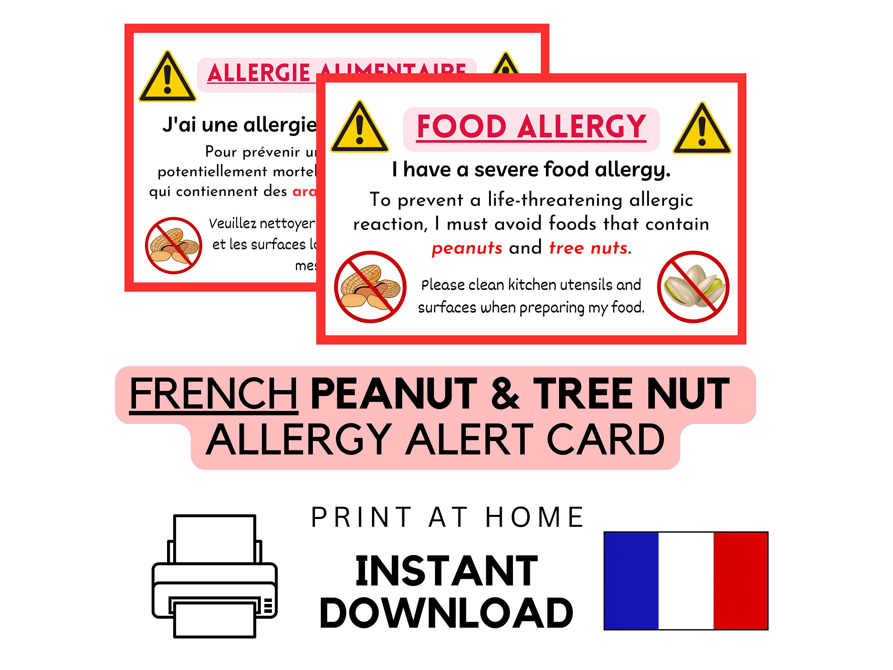 Printable French Peanut + Tree Nut Food Allergy Card • Instant Download ...