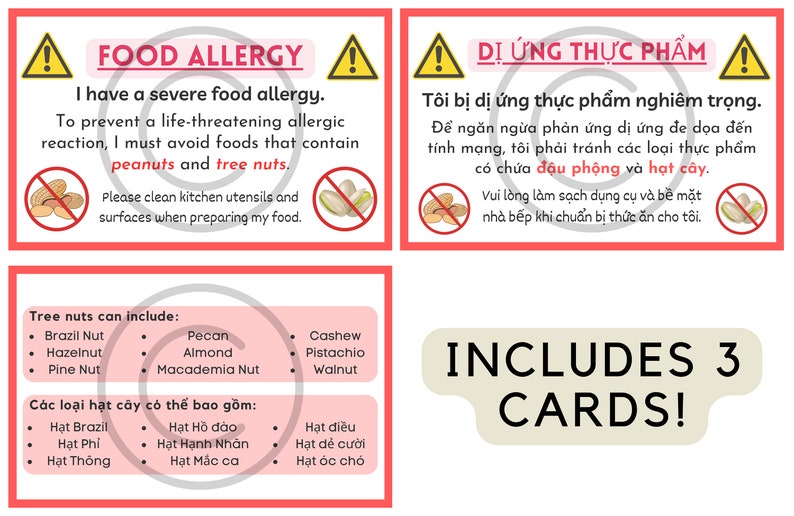Printable Vietnamese Peanut Tree Nut Food Allergy Card Instant Download ...