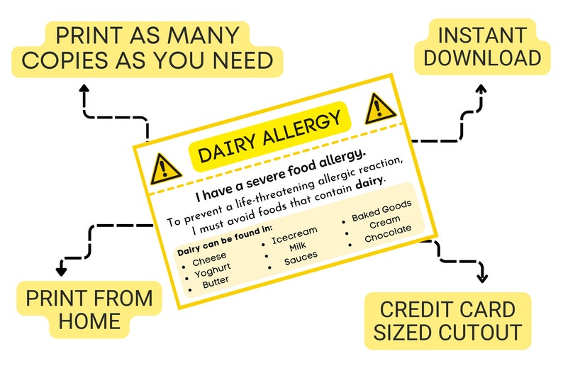 Printable English Dairy Allergy Alert Card • Instant Download • Medical ...