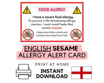 Printable Spanish Sesame Food Allergy Card • Instant Download • Medical Alert ID • Travel Gift ...