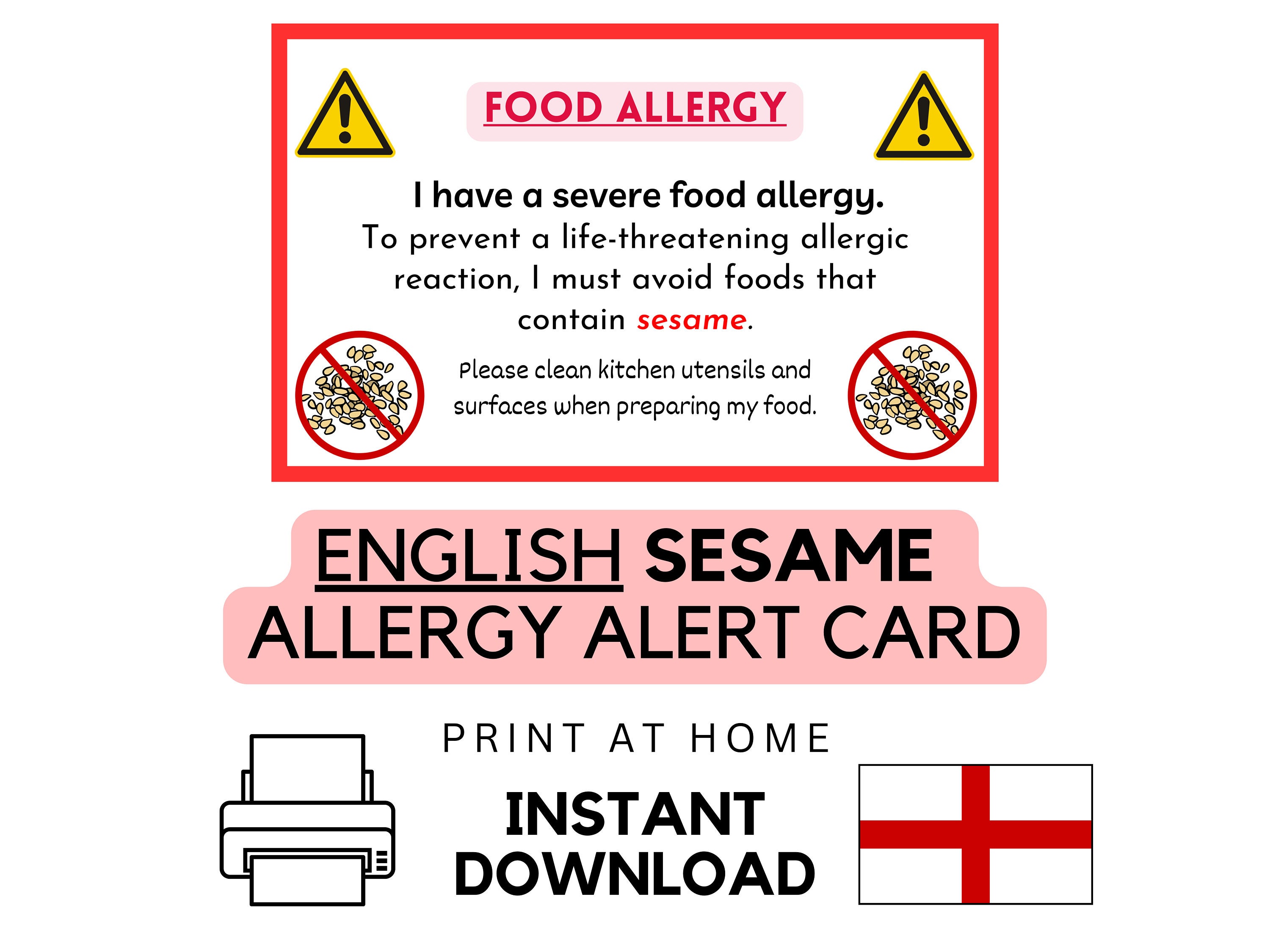 Printable English Sesame Food Allergy Card • Instant Download • Medical ...
