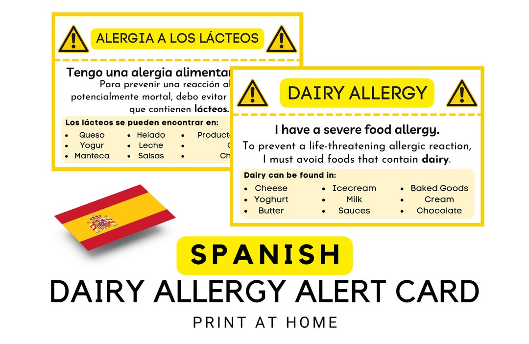 Printable Spanish Dairy Allergy Alert Card Instant Download - Etsy
