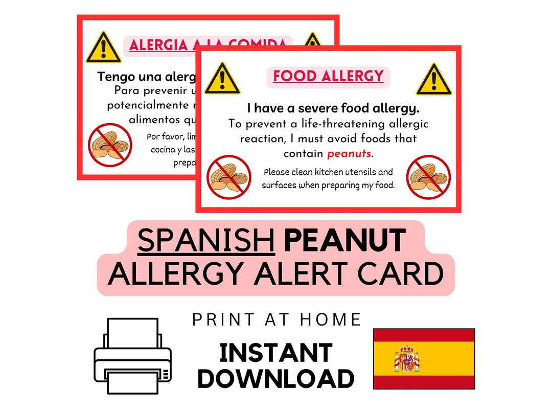 Printable Spanish Peanut Food Allergy Card • Instant Download • Medical Alert ID • Travel Gift ...