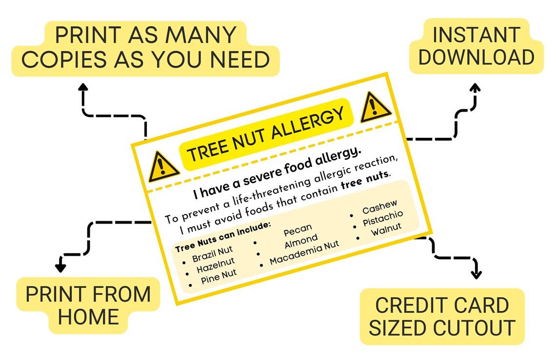Printable English Tree Nut Alert Card Instant Download Medical ID ...