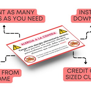 Printable Spanish Peanut Food Allergy Card Instant Download Medical Alert ID Travel Gift ...