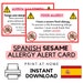 Printable Spanish Sesame Food Allergy Card • Instant Download • Medical Alert ID • Travel Gift ...