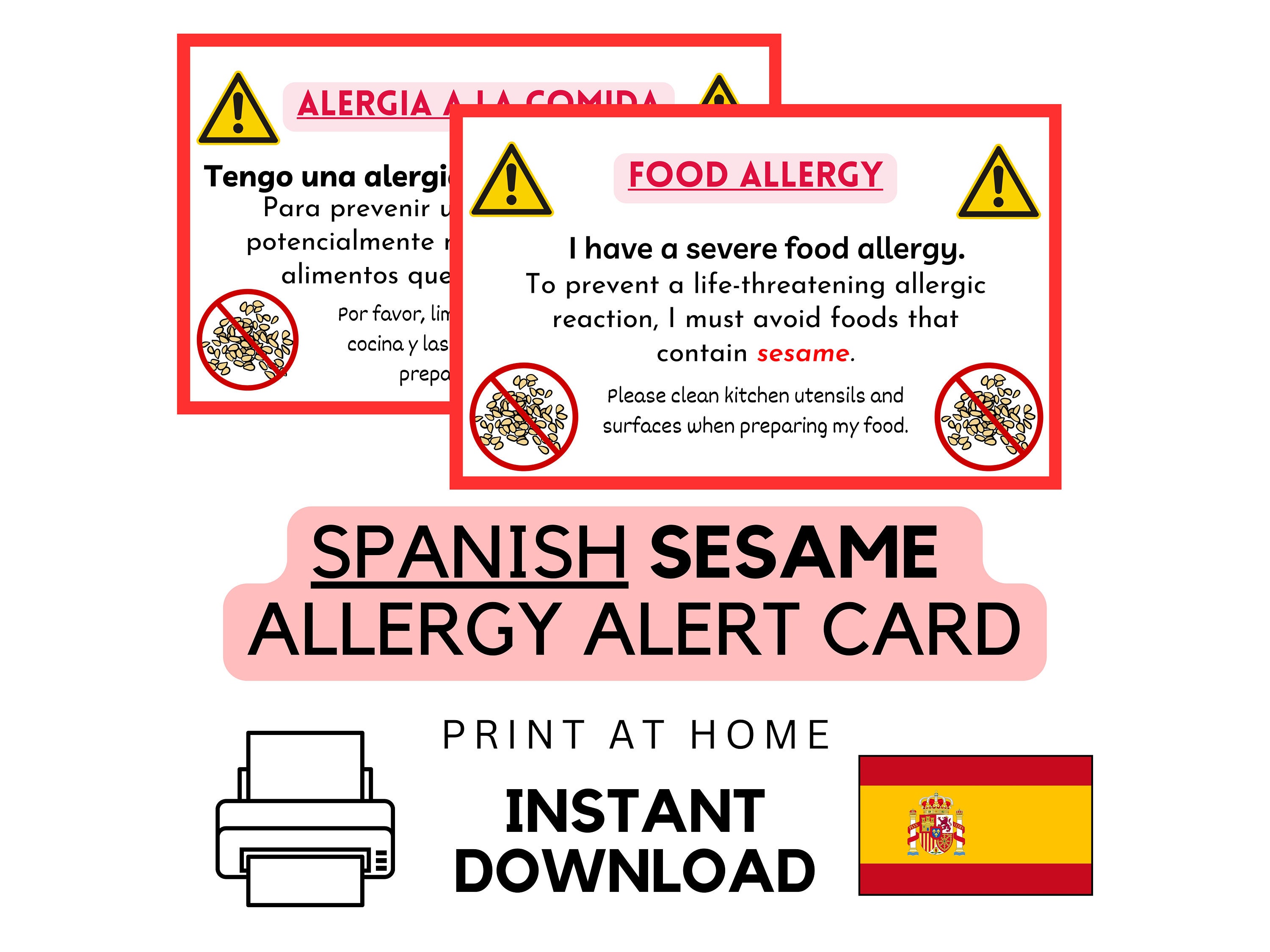Printable Spanish Sesame Food Allergy Card • Instant Download • Medical Alert ID • Travel Gift ...