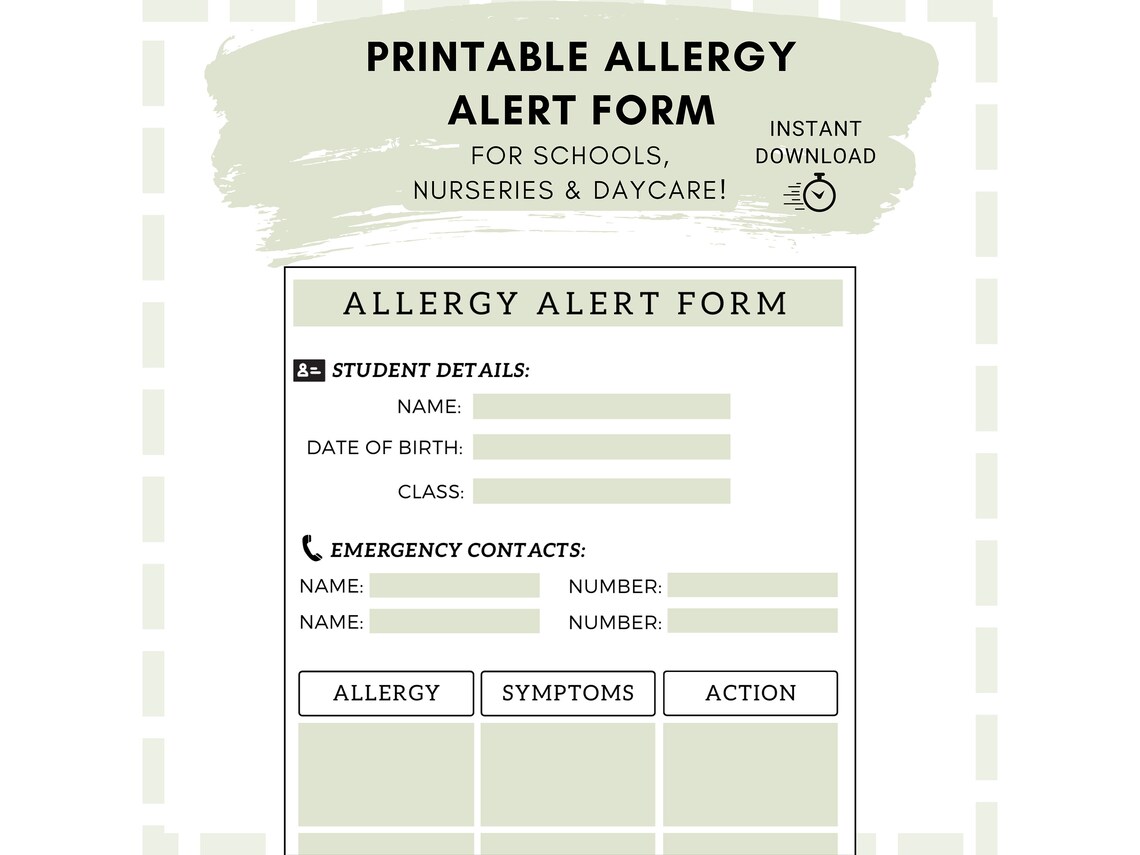 Printable Allergy Alert Form • Instant Download • Medical ID • Food ...