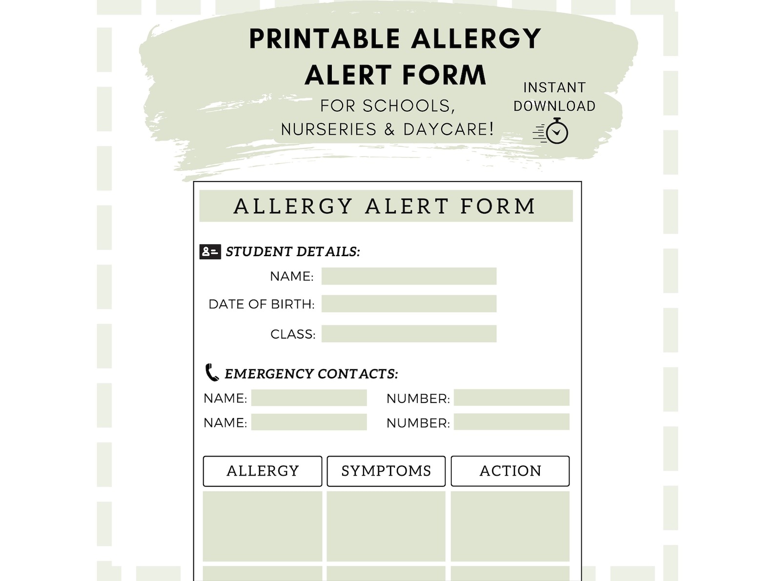 Printable Allergy Alert Form • Instant Download • Medical ID • Food ...