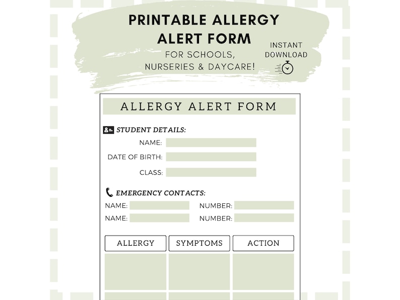 Printable Allergy Alert Form • Instant Download • Medical ID • Food ...