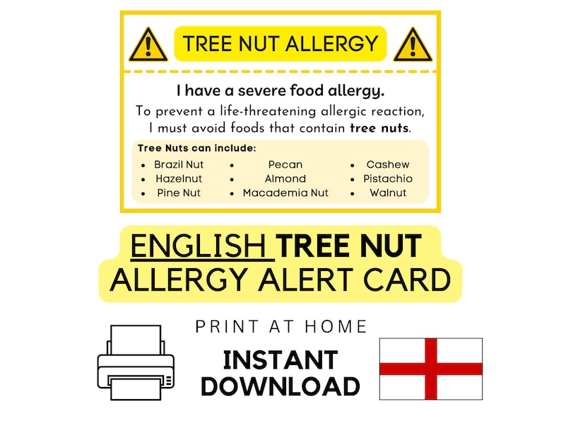 Printable English Tree Nut Alert Card Instant Download Medical ID ...