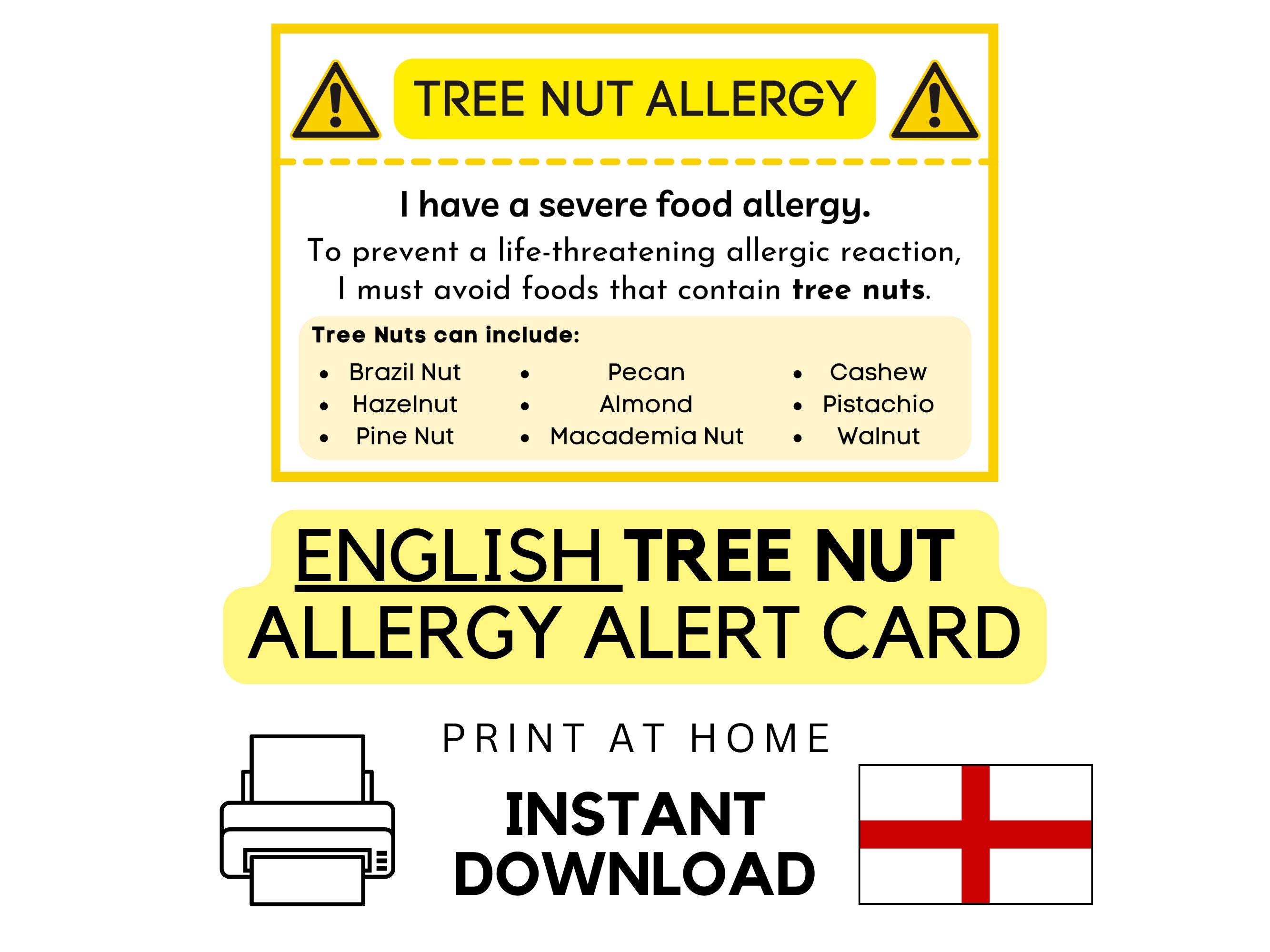 Printable English Tree Nut Alert Card Instant Download Medical ID ...