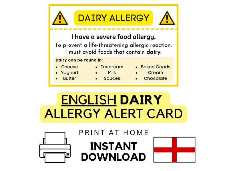 Printable English Dairy Allergy Alert Card Instant Download - Etsy