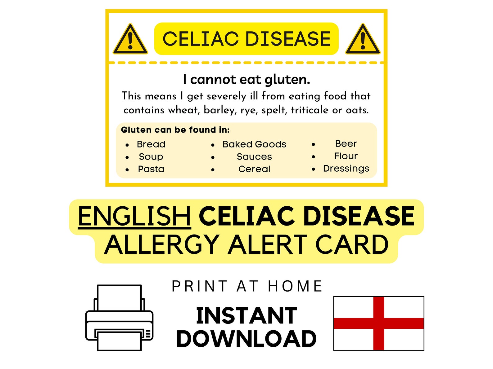 English Celiac Disease / Gluten Allergy Card Printable (instant PDF ...