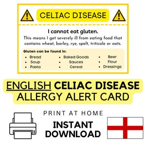 English Celiac Disease / Gluten Allergy Card Printable (instant PDF ...