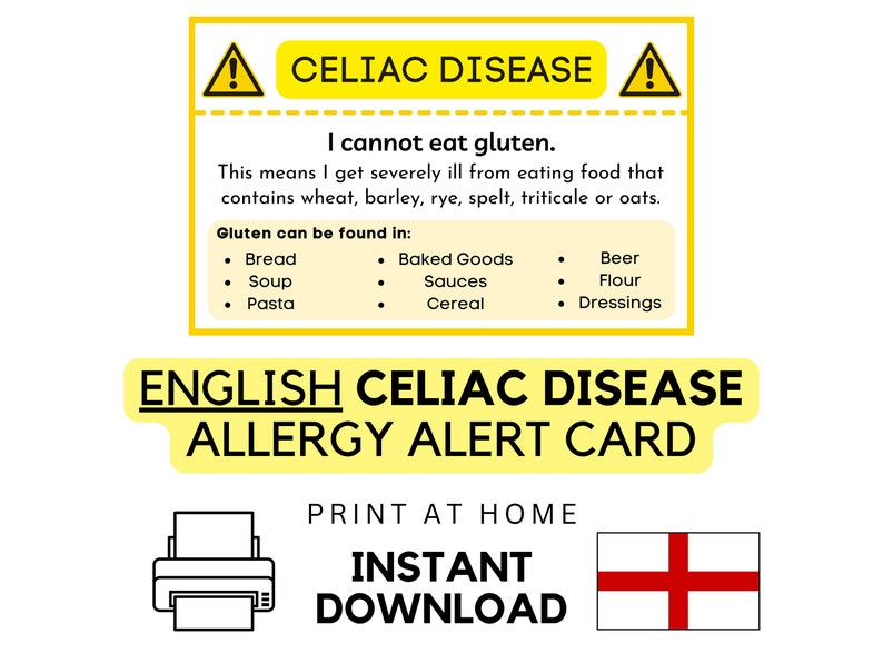 English Celiac Disease / Gluten Allergy Card Printable (instant PDF ...