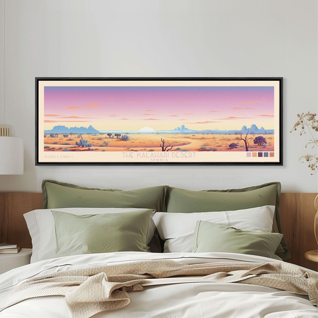 The Kalahari Desert Retro Travel Poster Panoramic Framed Canvas Print ...