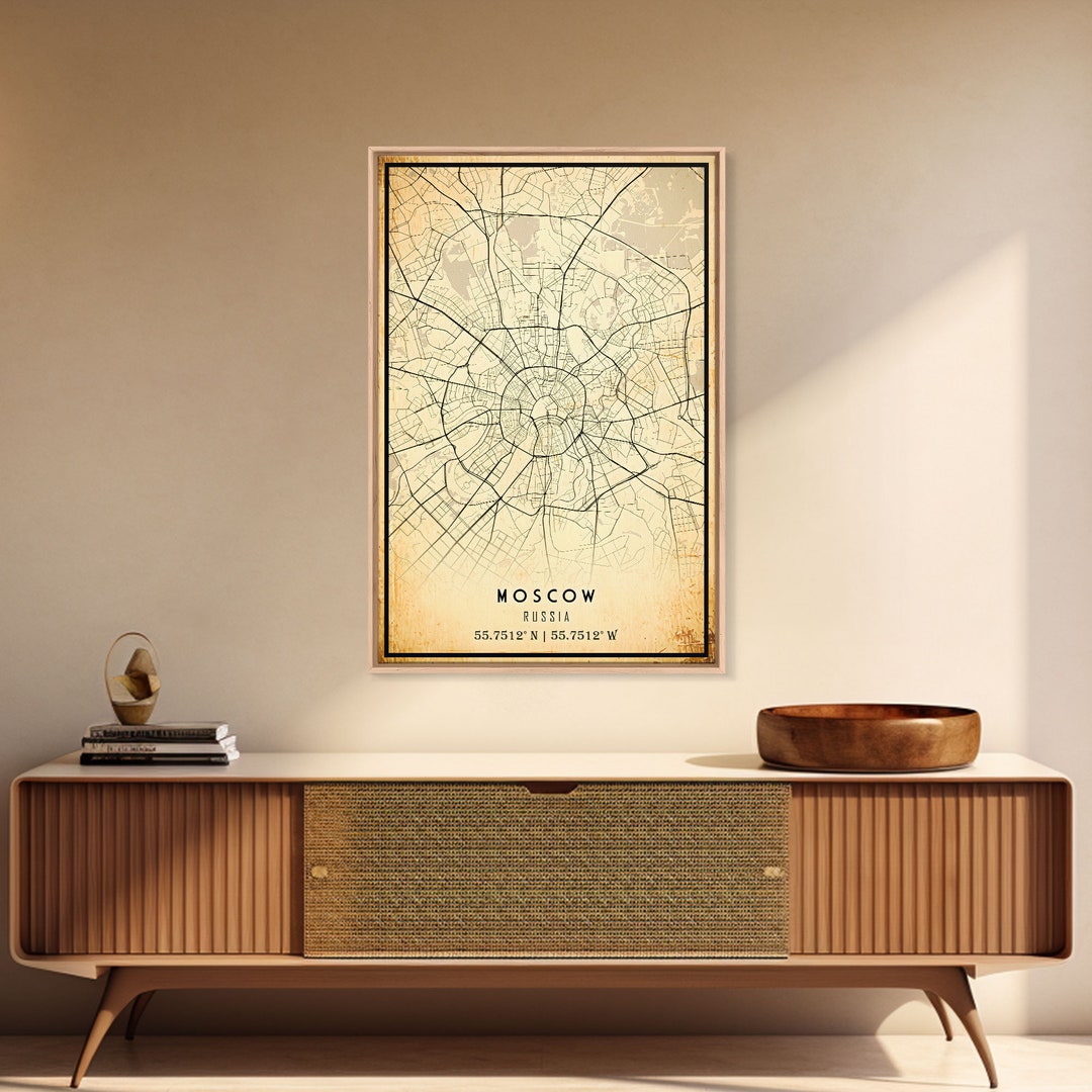 Vintage Style Moscow City Map Wall Art Canvas Print, Distressed Moscow ...