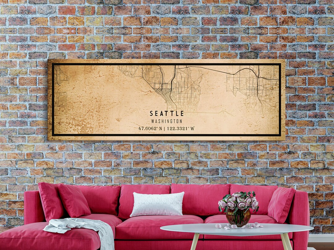 Panoramic Old Seattle City Map Wall Art Canvas Print, Vintage Style ...