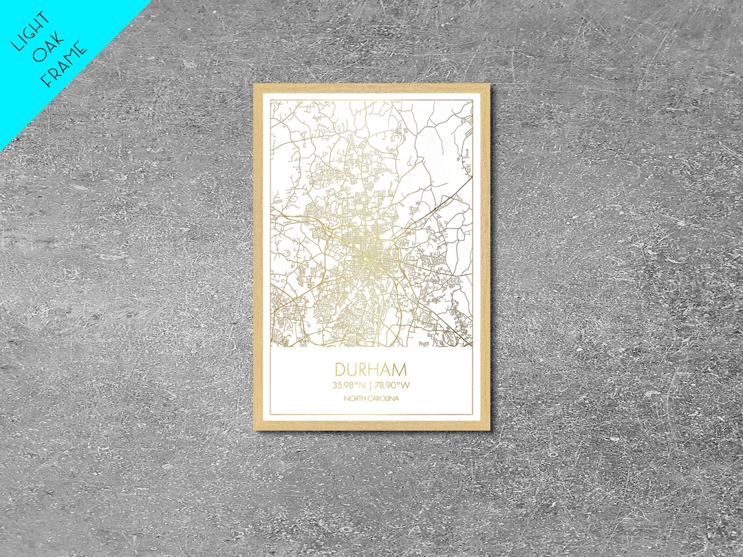 Durham North Carolina City Street Map, Metallic Gold Print, White and ...