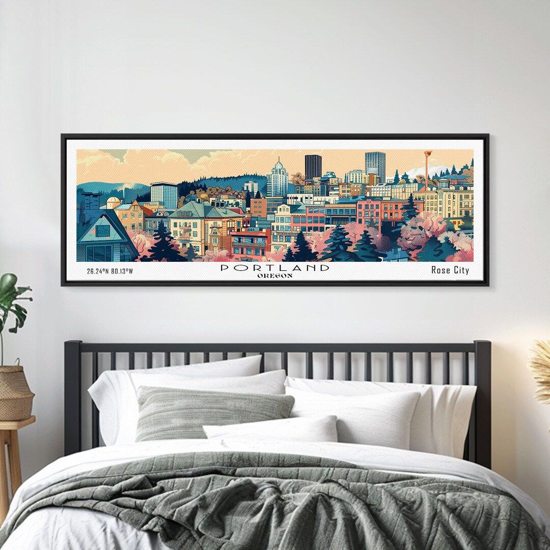 Portland Oregon Panoramic Wall Art, Mid Century Modern Framed Canvas ...