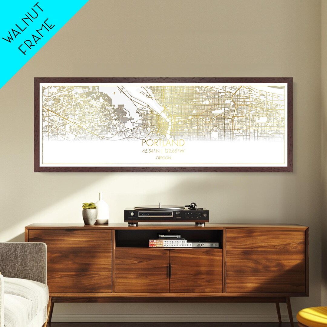 Portland Oregon Panoramic Street Map, Metallic Gold Art, White and Gold ...