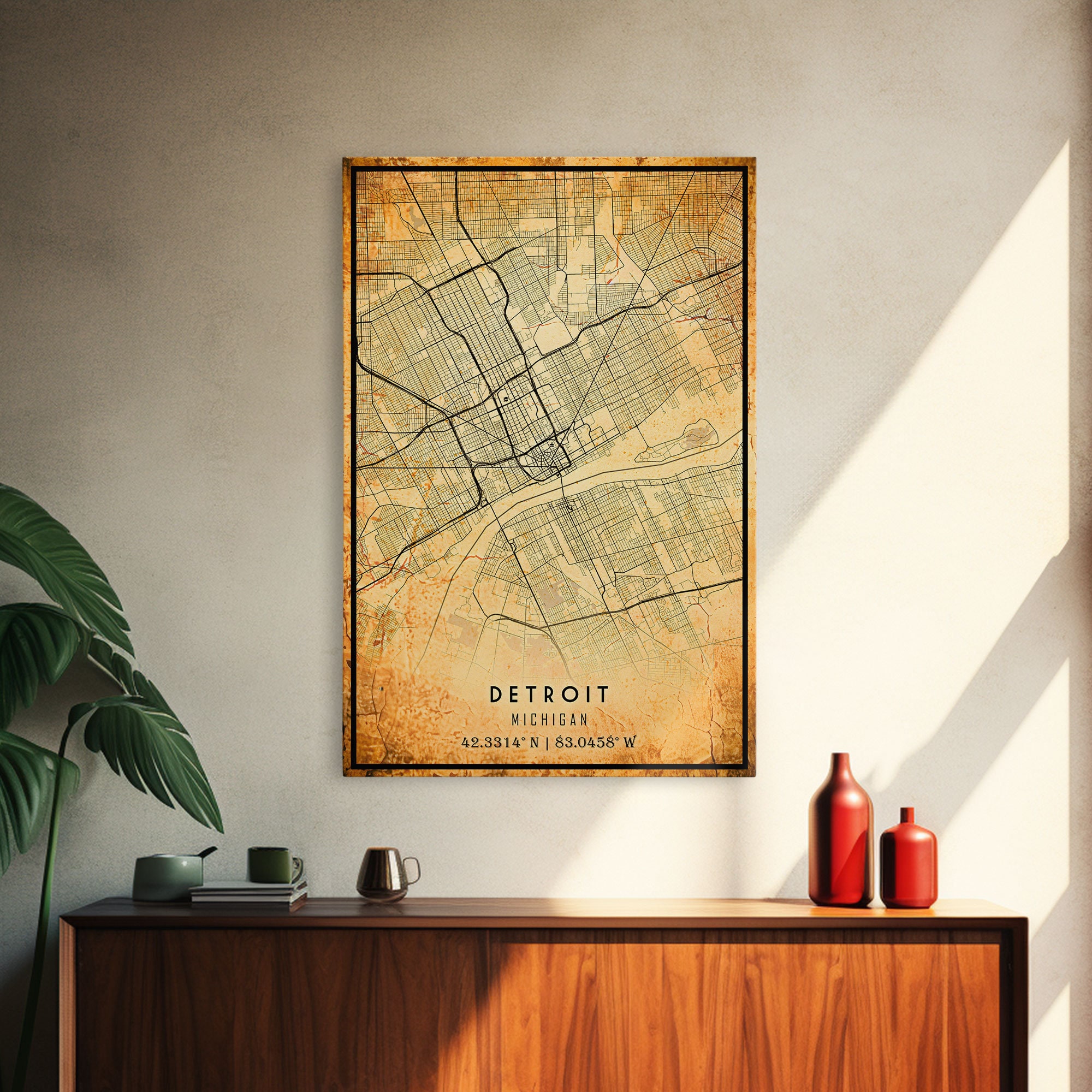 Old Detroit City Map Wall Art Canvas Print, Vintage Style Detroit Map ...
