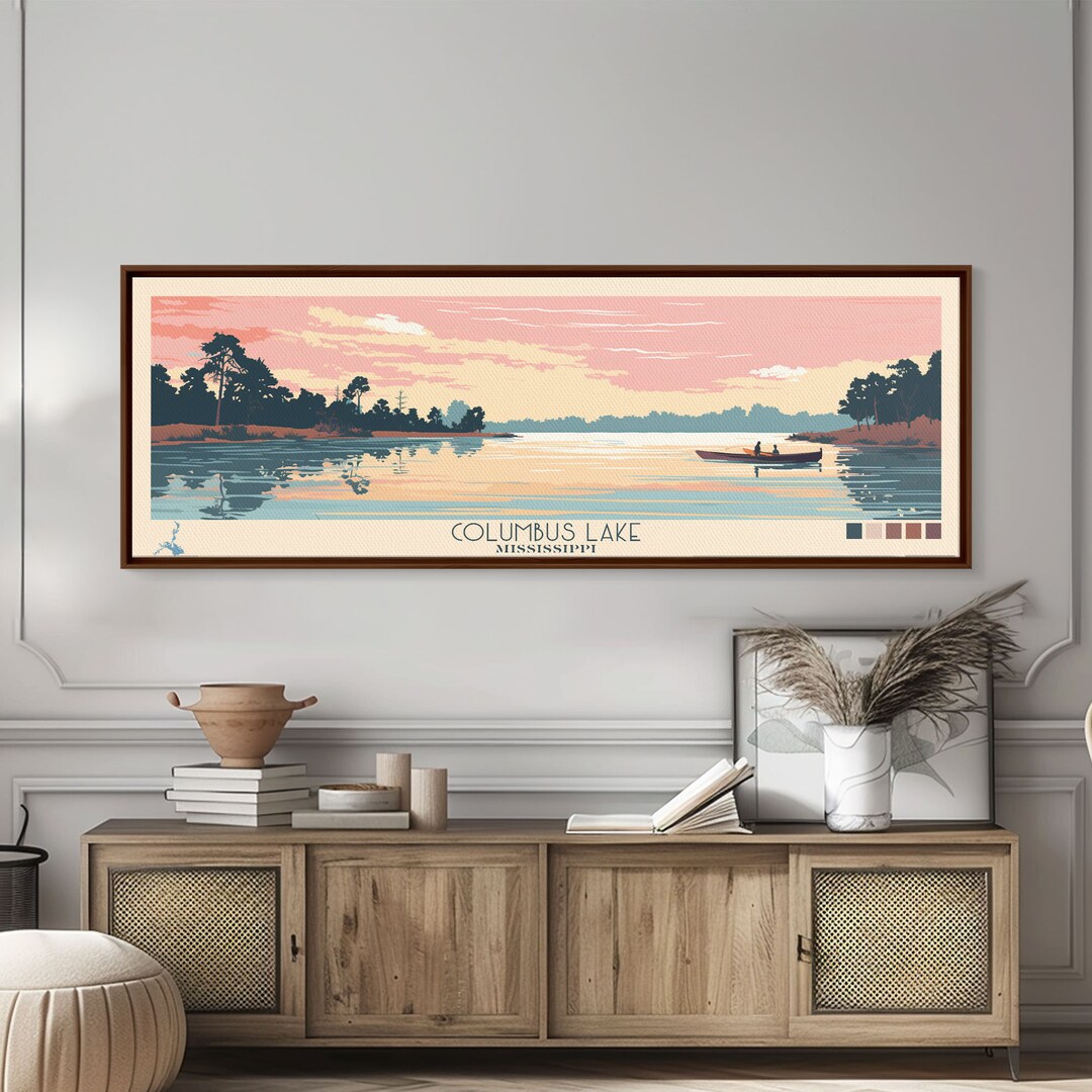 Columbus Lake Mississippi Framed Canvas Print, Midcentury Modern ...