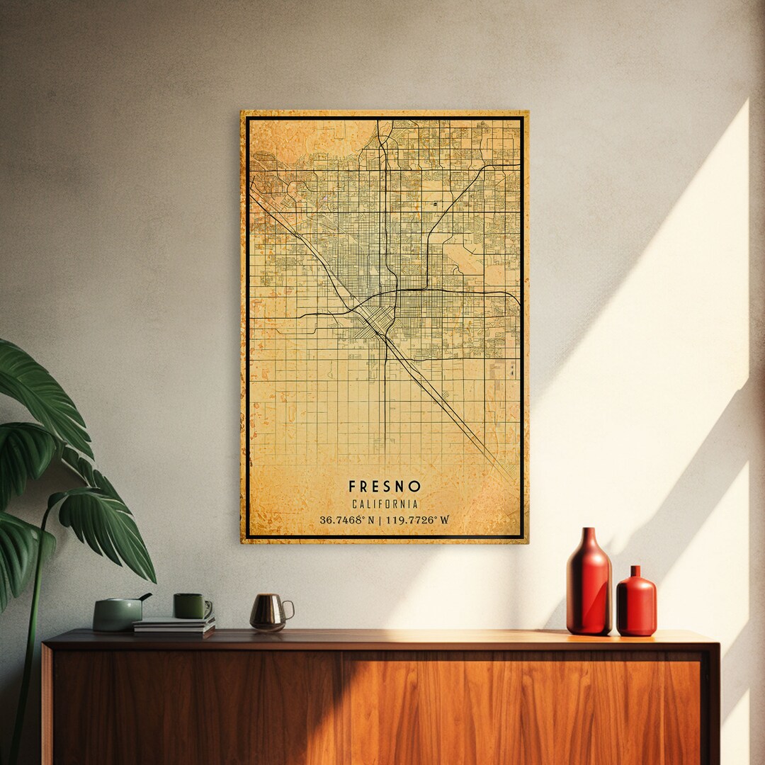 Distressed Fresno California Map, Framed Canvas Print or Poster ...