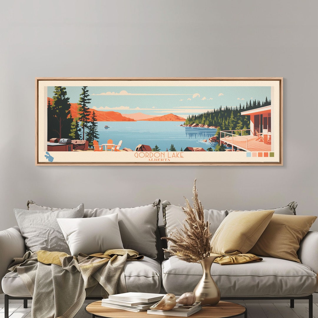 Gordon Lake Alberta Framed Canvas Print, Panoramic Art, Midcentury ...
