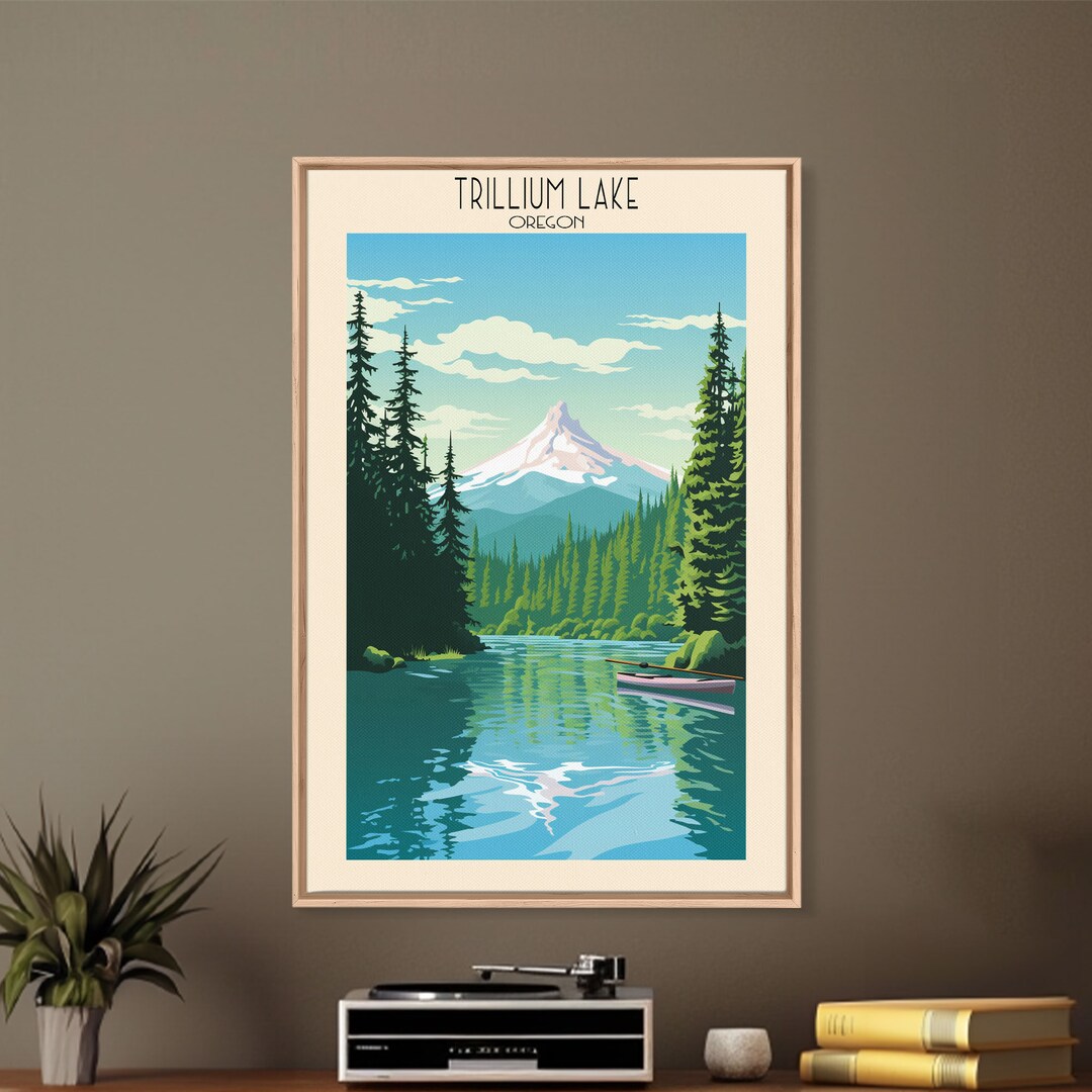 Trillium Lake Oregon Framed Canvas Print: Retro Travel Poster - Etsy
