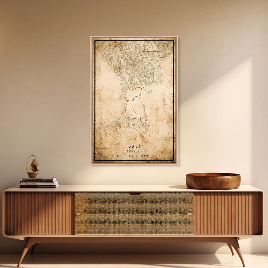 Vintage Bali Indonesia City Map Wall Art Canvas Print, Distressed Style ...