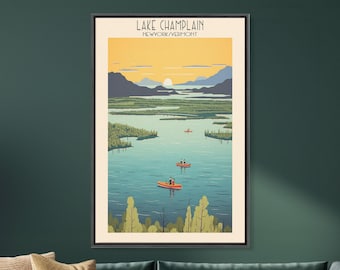 Lake Champlain Travel Poster - Vermont and New York, Adirondack Chair ...