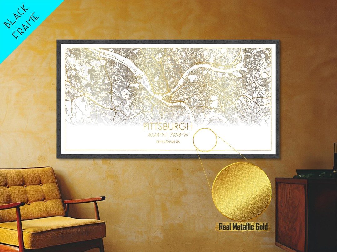 Pittsburgh Pennsylvania, Metallic Gold, White and Gold, Wood Framed Map ...