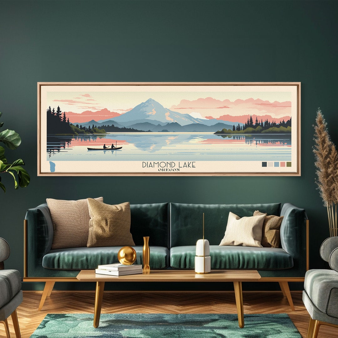 Diamond Lake Oregon Framed Canvas Print, Midcentury Modern Panoramic ...