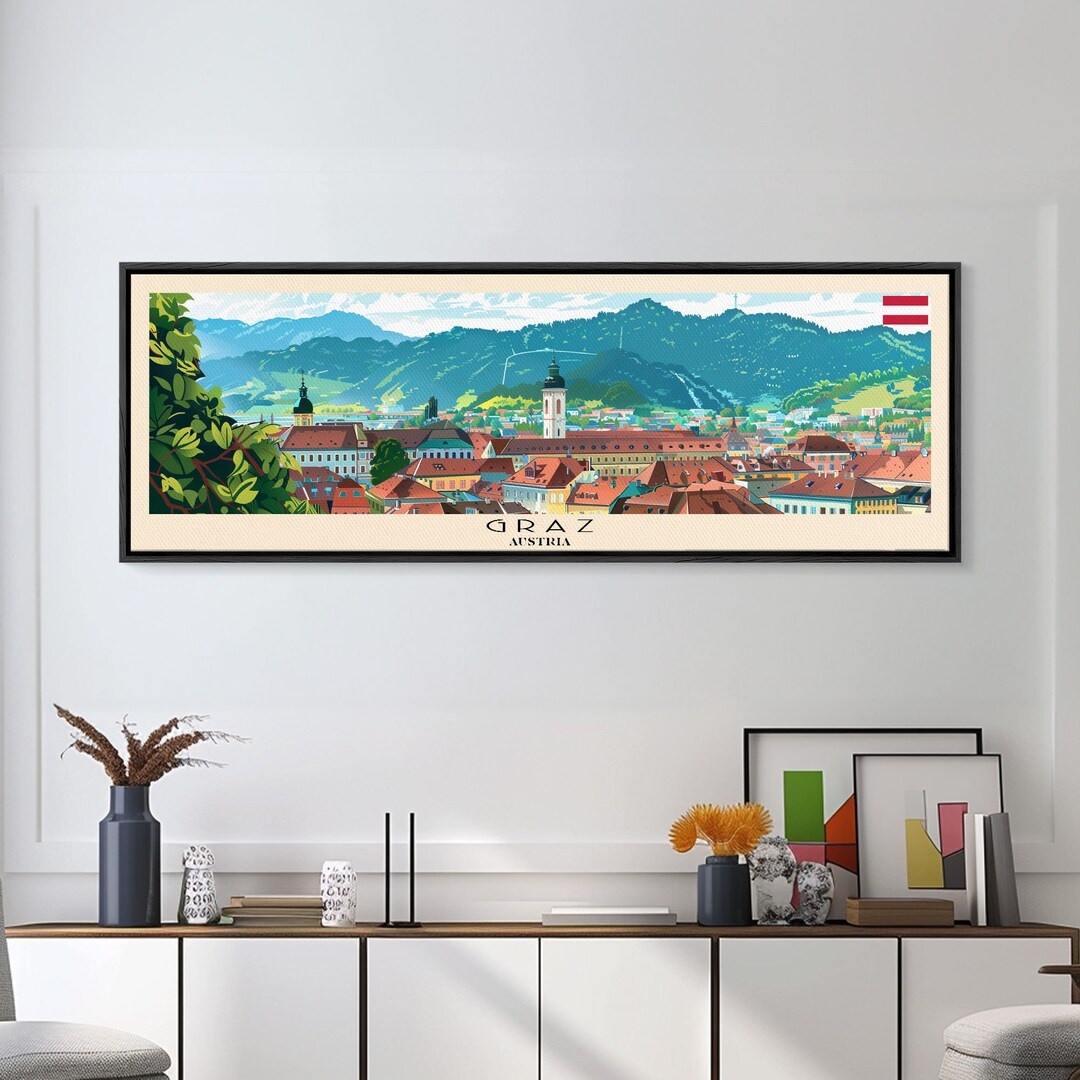 Graz Austria Wall Art, Panoramic Travel Poster, Panoramic Framed Canvas ...