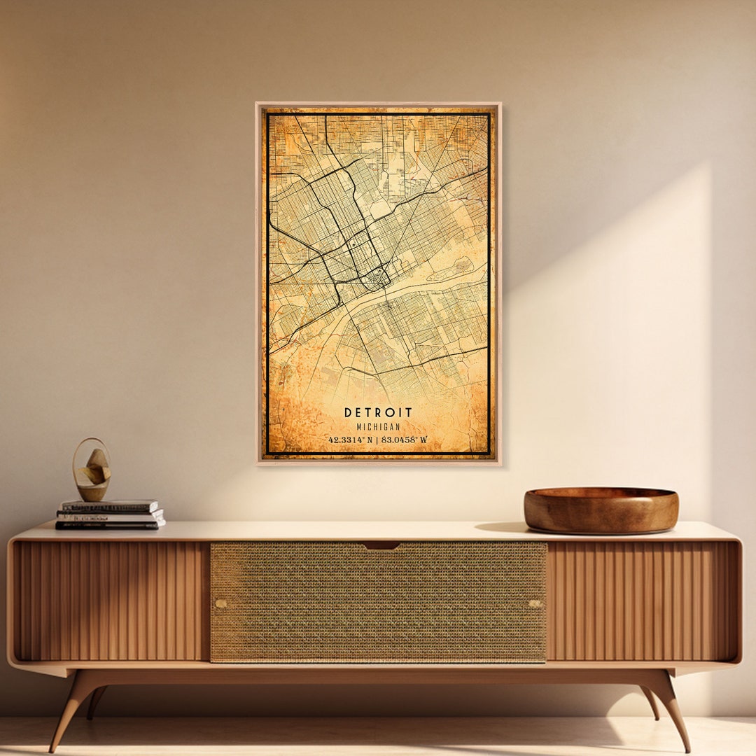 Old Detroit City Map Wall Art Canvas Print, Vintage Style Detroit Map ...