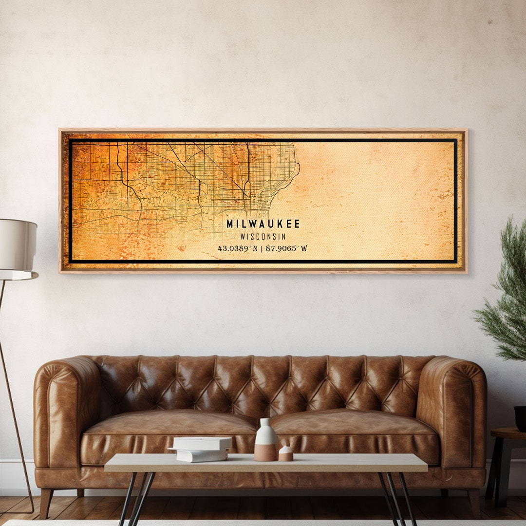 Panoramic Milwaukee Wisconsin Street Map Wall Art, Framed Canvas Print ...