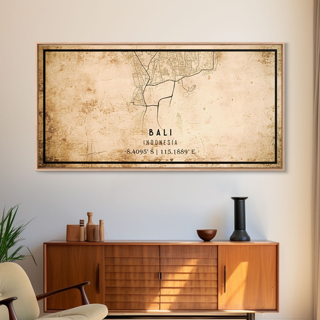 Vintage Bali Map Art Print: Distressed Style Travel Poster, Framed ...